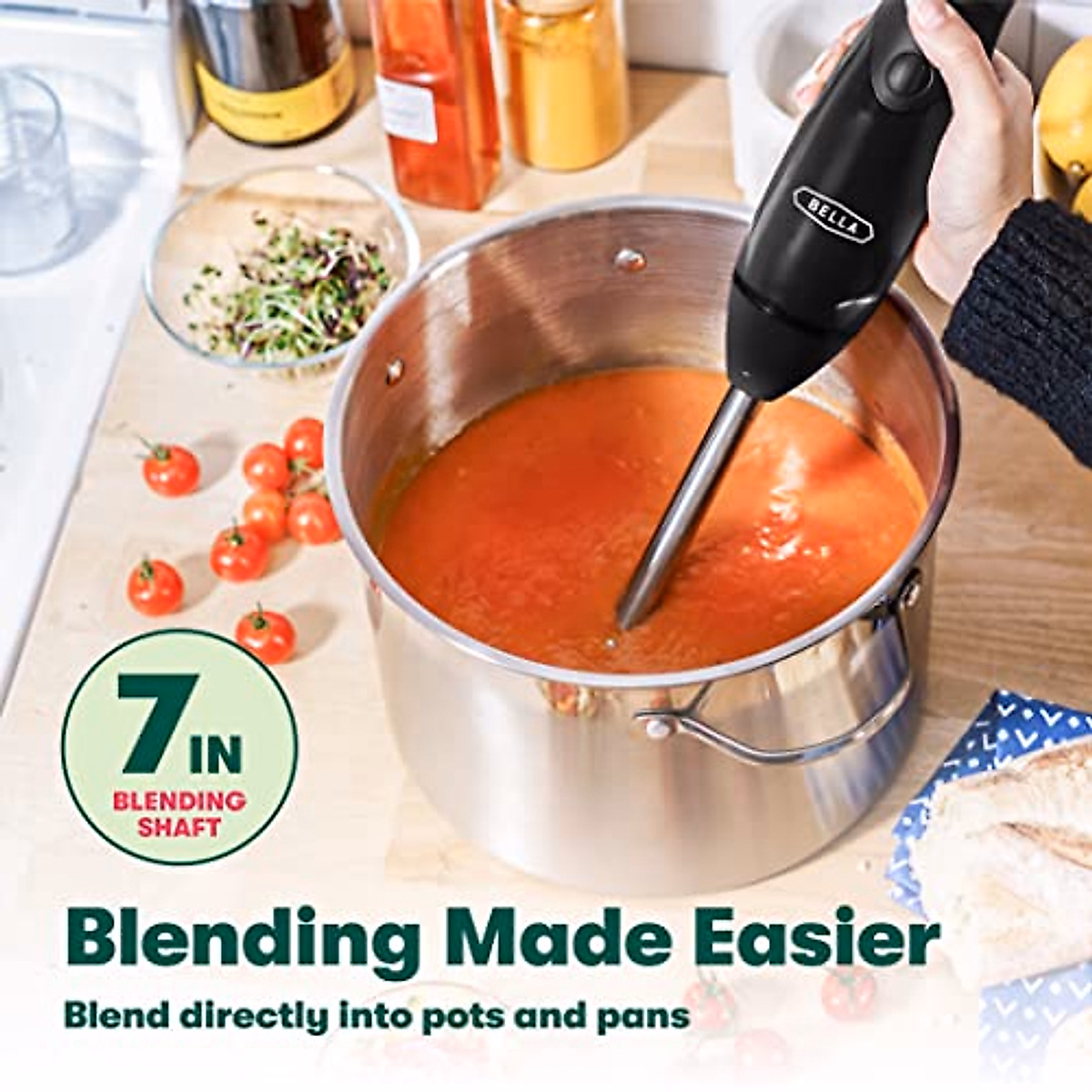 BELLA Immersion Hand Blender, Cordless Portable Mixer with Whisk Attachment - Electric Handheld Juicer, Shakes, Baby Food and Smoothie Maker, Stainless Steel, Black
