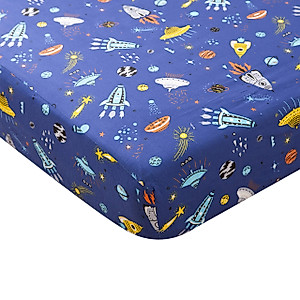 Brandream Baby Boys Crib Bedding Sets Outer Space Nursery Bedding Rocket & Planet 6 Piece Galaxy Cradle Blanket Set Baby Infant Newborn Navy White Cotton Bedding