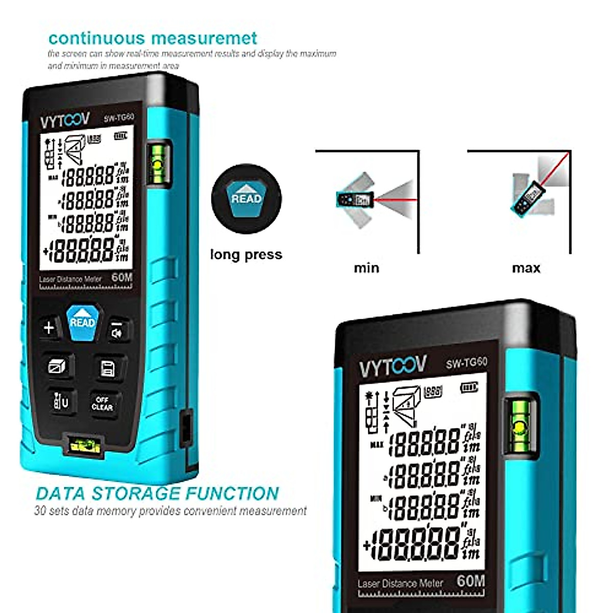 Laser Measure VYTOOV 196Ft Laser Distance Meter 2 Bubble Levels M/Ft/in Switching Laser Measurement Tool Measuring Distance, Area, Volume, Pythagoras, Large Backlit LCD, IP54 Dustproof & Waterproof