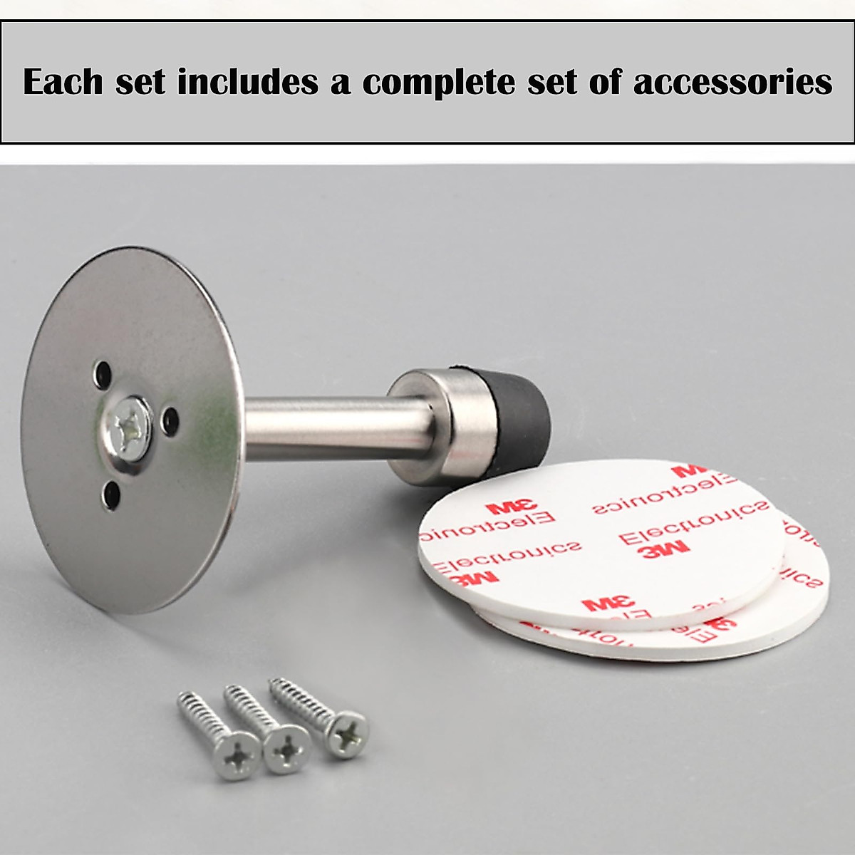 LemonHo No Drill/Screw in Wall Mounted Door Stoppers Door Stops for Bottom of Door 3M Adhesive Stainless Steel Doorstop with Rubber Bumper Tip Wall Protector, Pack of 4, 3 Inch, Silver