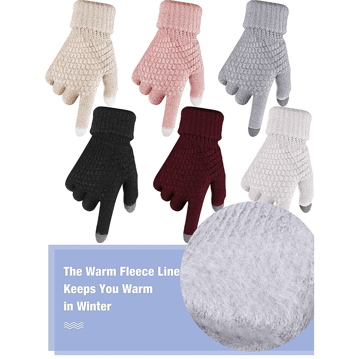 SATINIOR 6 Pair Women Winter Touch Screen Gloves Warm Fleece Lined Knit Gloves for Women(Black, Gray, Pink, Beige, White, Wine Red)