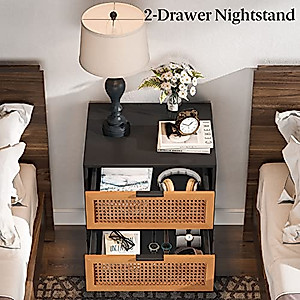 Tribesigns 2-Drawers Nightstands Set of 2, Black Wood Night Stand, Mid-Century Bedside Table, Retro Nightstands with Metal Legs, Bed Side Table for Bedroom, Rattan Nightstand with Big Storage