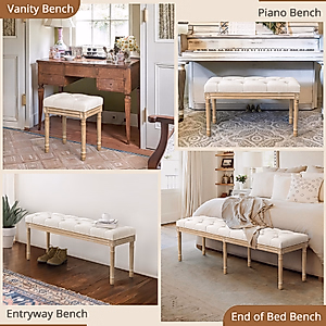 LUE BONA Upholstered Fabric Vanity Bench Seat, Makeup Stools for Vanity, Square Tufted Ottoman Bench with Carved Wood Color Legs for Bedroom Living Room, Beige