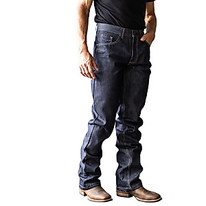 Kimes Ranch Men's Raw Dillon Mid-Low Rise Relaxed Upper Thigh Wide Bootcut Hand-Sanded Integrated Knife Pocket Jean 35W/34L Blue