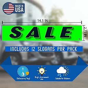 Versa Tags Windshield Slogan Stickers 12 Pack Each of Down, FINANCING Available, Warranty, Save, Sale (60) Window Stickers Total Dealership Stickers Black On Green