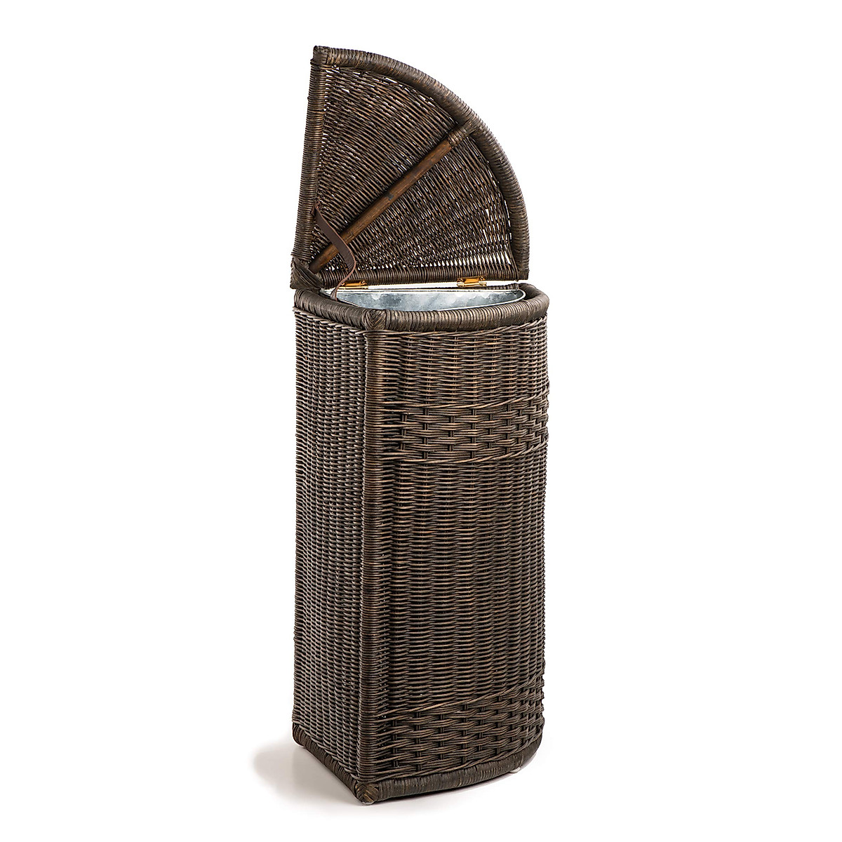 The Basket Lady Corner Wicker Trash Basket with Removable Metal Liner, 15 in L x 15 in W x 26 in H, Antique Walnut Brown