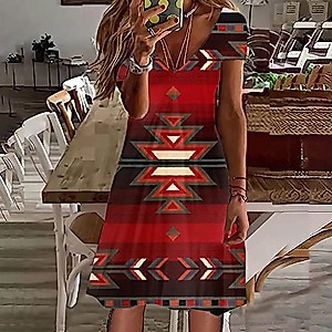 DUOWEI Ladies Casual Short Sleeve V Neck Dress Retro Print Mid Length Knee Length Skirt Red