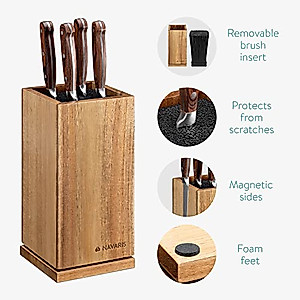 Navaris Rotating Wood Knife Block - Magnetic Universal Holder without Knives - Kitchen Storage with Plastic Bristles and Magnetic Sides - Acacia