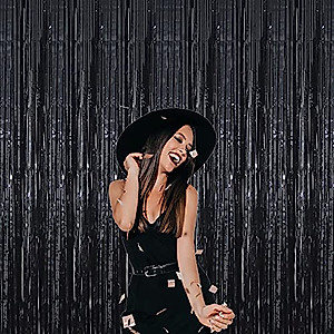 GOER 3.2 ft x 9.8 ft Metallic Tinsel Foil Fringe Curtains Party Photo Backdrop Party Streamers for Halloween,Birthday,Graduation,New Year Eve Decorations Wedding Decor (3 Packs,Black)