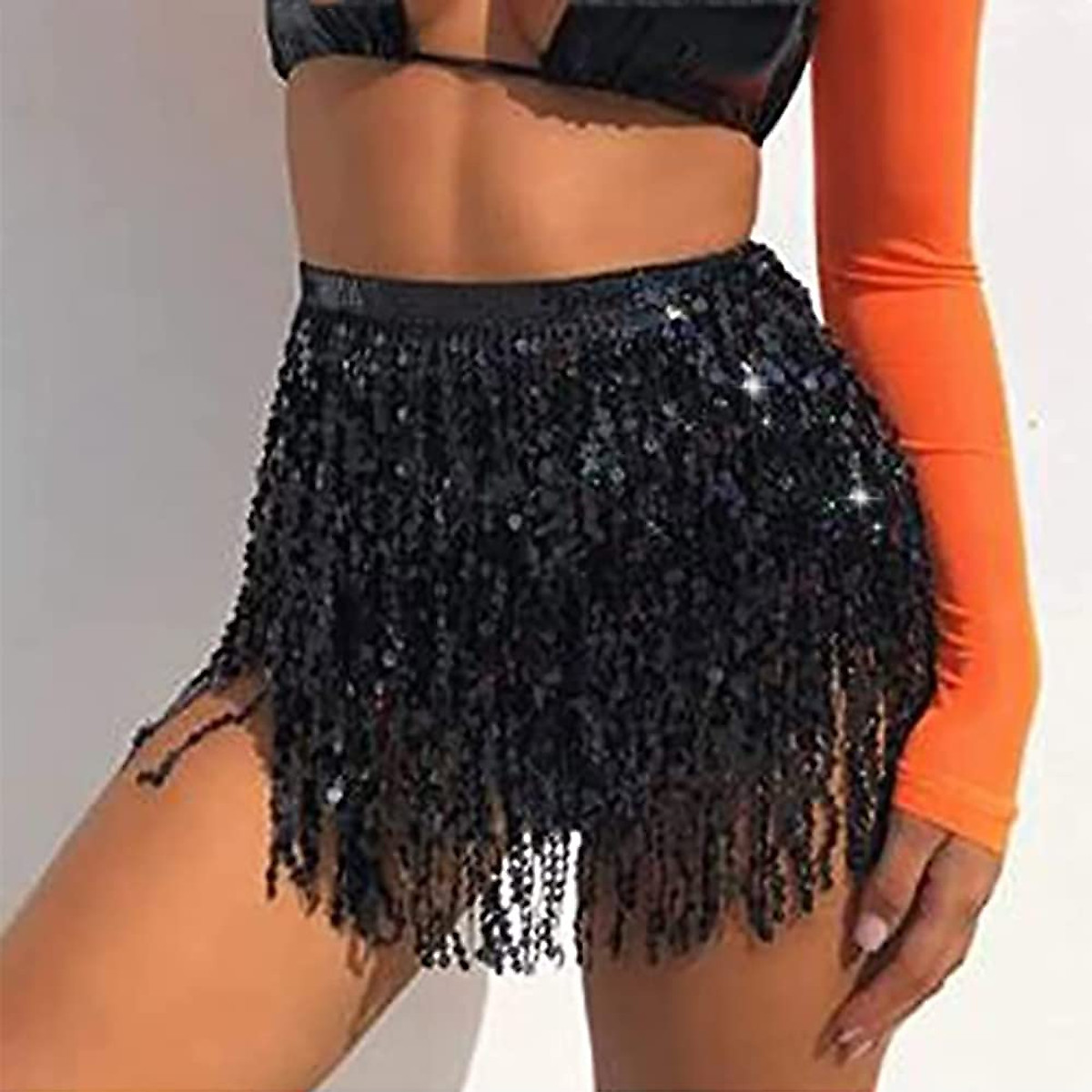 Clataly Belly Dance Sequined Tassel Skirt Hip Scarf Straps Wrap Rave Skirts Rave Music Festival Costume for Women Girls (Black)