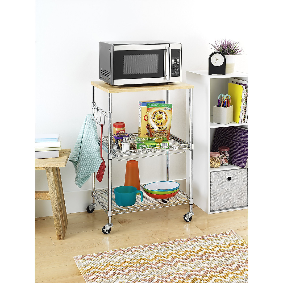 Whitmor Supreme Microwave Cart with Locking Wheels - Chrome with Food Safe Cutting Board 16 x 22.5 x 34 inches