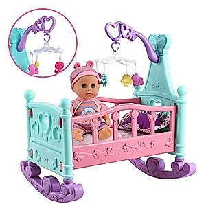 deAO 12” Baby Doll Play Set with Crib, Mobile, High Chair Feeding Accessories, Interactive Dolls for Girls Kids Pretend Play Baby Dolls 21 PCS