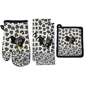 Set of 4, 100% Cotton Black & White Roosters Theme Farmhouse Kitchen Towels Set - Dish Towels, Include 2 Kitchen Towels, 1 Pot Holder & 1 Ovenmitt.