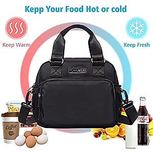 Scorlia Insulated Lunch Bag for Women, Reusable Lunch Cooler Tote Box, Lunch Organizer with Adjustable Shoulder Strap, Front Zipper Pocket and Mesh Side Pockets for Adults, Work, Black