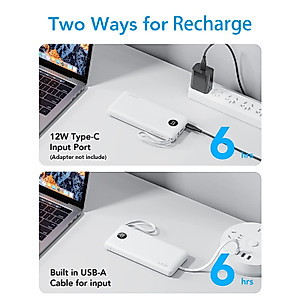 VRURC Portable Charger 10000mAh, Slim LED Display Power Bank, 5 Output 2 Input Cell Phone Battery Pack, Built-in Micro & USB C Cables Phone Charger Compatible with iPhone,Samsung,Android-White(1 Pack)