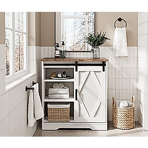 WAMPAT Rusitc Farmhouse Accent Buffet Sideboard Serving Console Cabinet Coffee Bar Entryway Table with Sliding Barn Door, Storage Shelves for Home Kitchen Bathroom, 35 inch, White