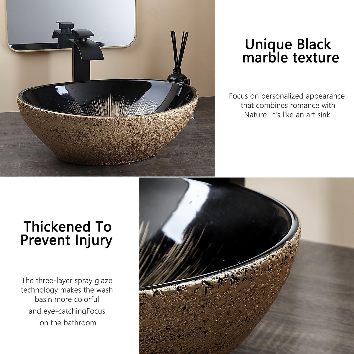 Sinku Mccut Ceramic Bathroom Vessel Sink Oval Batnroom Sink Above Counter Vessel Sinks for Bathrooms Vintage Gold Bowl Small Vessel Sink with Faucet and Drain Combo