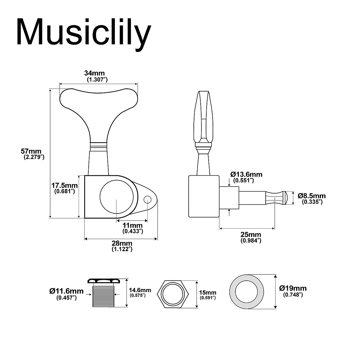 Musiclily Pro 4 Inline Sealed Bass Tuners Tuning Pegs Keys Machine Heads Set for 4 String Precision Jazz Bass, Black