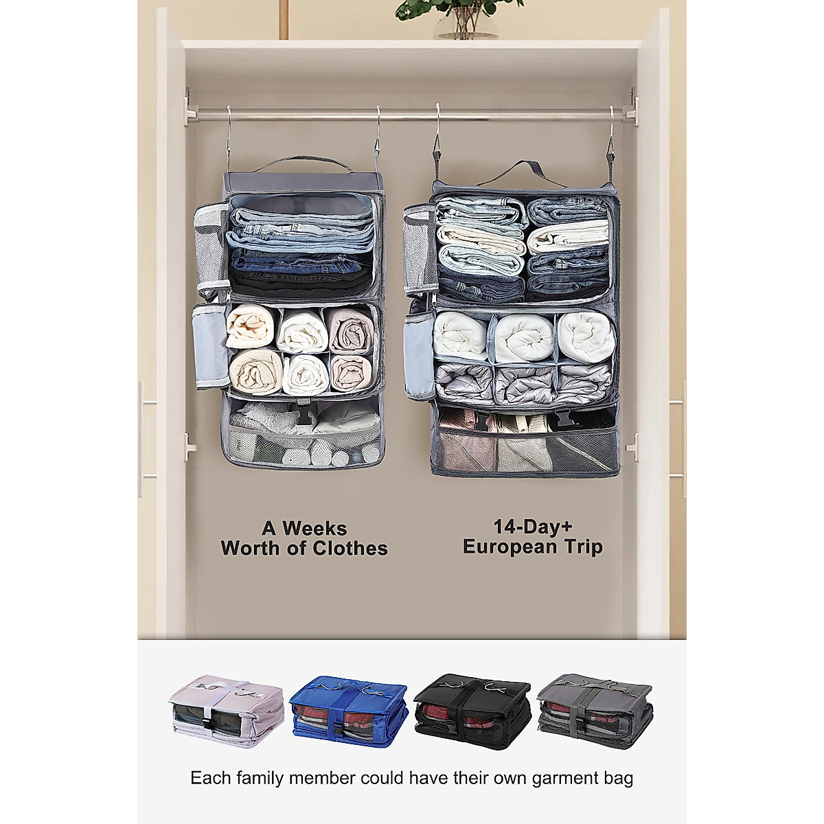 ELEZAY Hanging Packing Cubes Portable Closet 3-Shelf Travel Collapsible Compression Garment Organizer for Carry-on Luggage Suitcase Space Saver Bag XX-Large_No Side Pockets, Gray