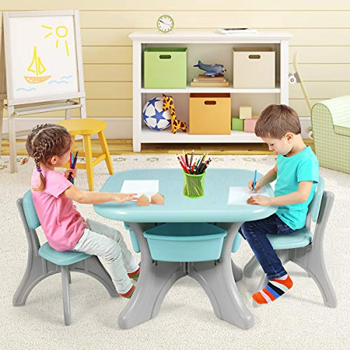 TUOCHUFUN Kids Table and Chair Set, 3 Pieces Multi Activity Kids Play Table and Chair Set for Children Reading Art Craft, Strong Bearing Capacity, Lightweight, Toddler Table & Chair Set(Green)