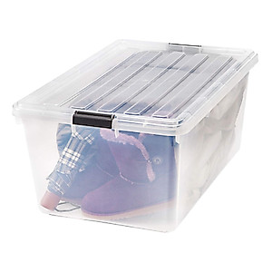 IRIS USA 68 Quart Large Storage Bin Utility Tote Organizing Container Box with Buckle Down Lid for Clothes Storage, 5 Pack, Clear (585380)