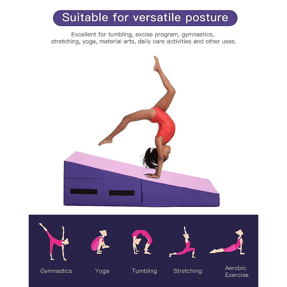 Gymnastics Mat 48x24 Inch Folding Incline Gymnastics Mat with Handle for Kids' Indoor/Outdoor Exercise, Tumbling, Skill Training, Gym Exercise, Cheese Mat, Gymnastics Wedge (Pink)