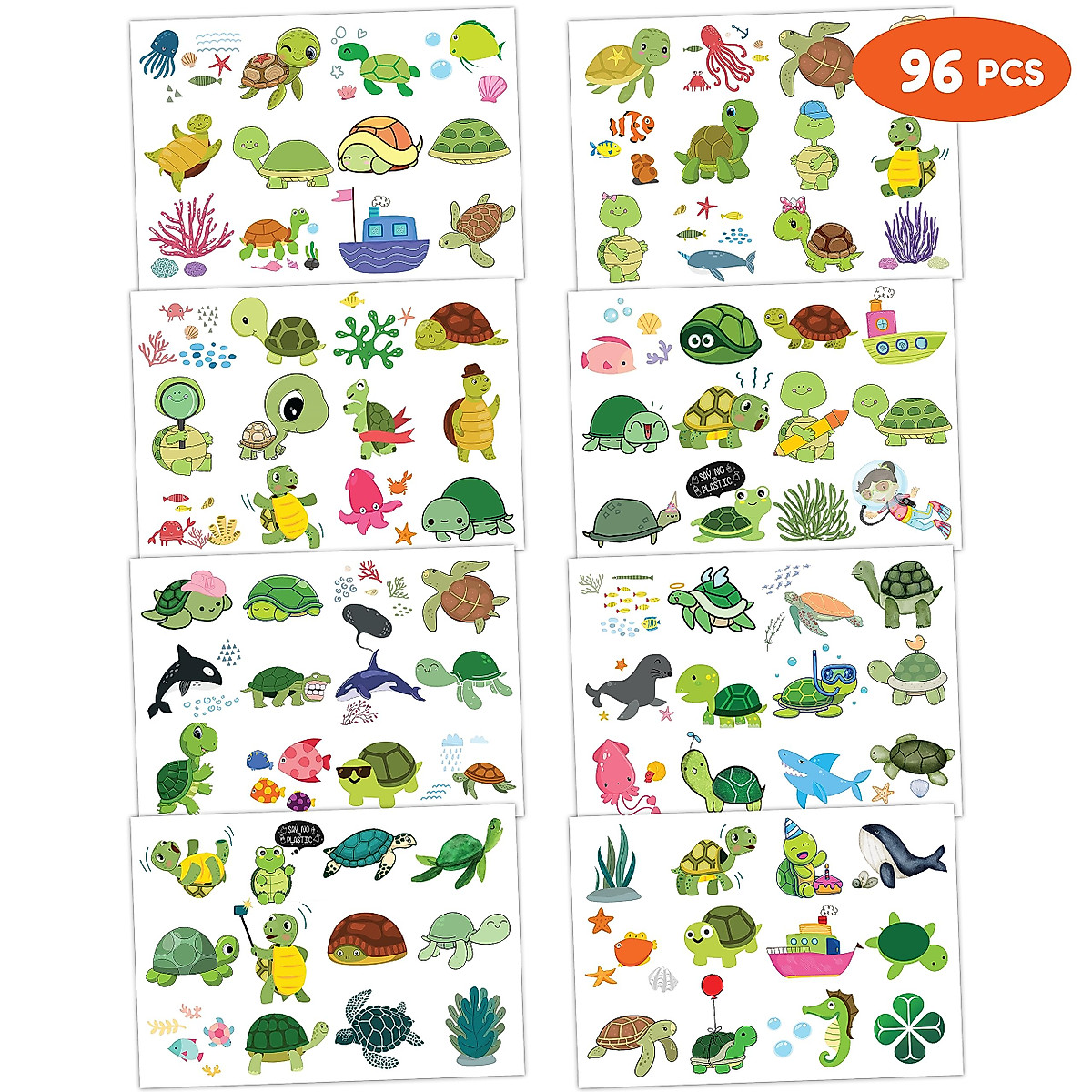 8 Sheets (96PCS) Sea Turtle Temporary Tattoos Tattoo Stickers Ocean Theme Birthday Party Decor Supplies Decorations Favors For Boys Girls Gifts Classroom School Prizes Rewards