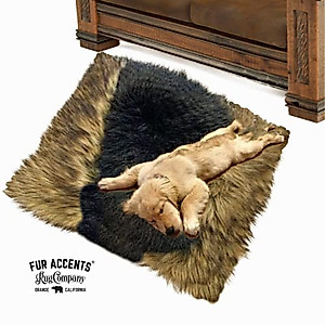 Fur Accents Shag Area Rug - Golden Brown Coyote, Wolf Edge, Dark Brown, White or Black Center - Luxury Soft Faux Fur Carpet - Sheepskin - Rectangle Accent Art Rug