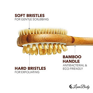 LunaBody Bamboo Body Brush for Back Scrub - Natural Boar Bristle Shower Brush Scrubber with Long Handle - Exfoliate Skin and Cellulite - Wet or Dry