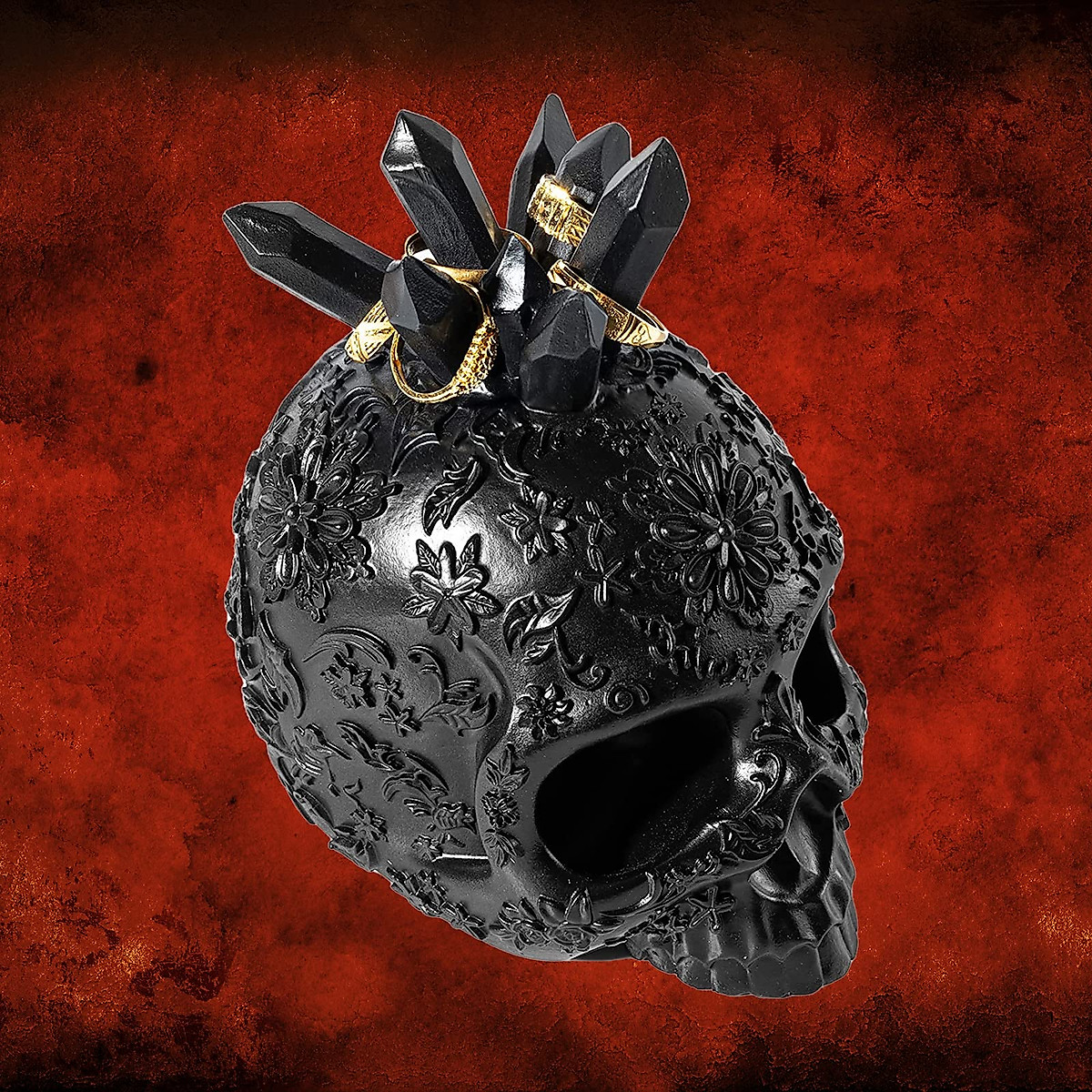 Skull﻿ Crystals Ring Holder, 3.75" H For & Year Round - Skull Decor, Goth Ring Organizer, ﻿Storage Display, Skeleton Jewelry Holder Trinket Rings Tray - Gothic & Emo Decor - Spooky Oddity