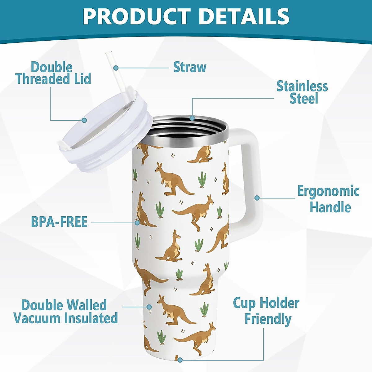 IHCVHQX Tumbler With Handle and Straw 30oz Kangaroo Cute Insulated Tumbler Cups Stainless Steel Travel Coffee Mug