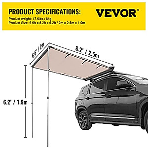 VEVOR Car Side Awning, 6.6'x8.2', Pull-Out Retractable Vehicle Awning Waterproof UV50+, Telescoping Poles Trailer Sunshade Rooftop Tent w/Carry Bag for Jeep/SUV/Truck/Van Outdoor Camping Travel, Sand