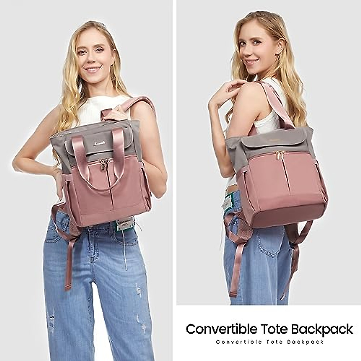 LOVEVOOK Backpack Purse for Women, Convertible Small Backpack Tote for Woman, Mini College Daypack for Work, Daily, Travel, 2pcs set, Pink-Grey