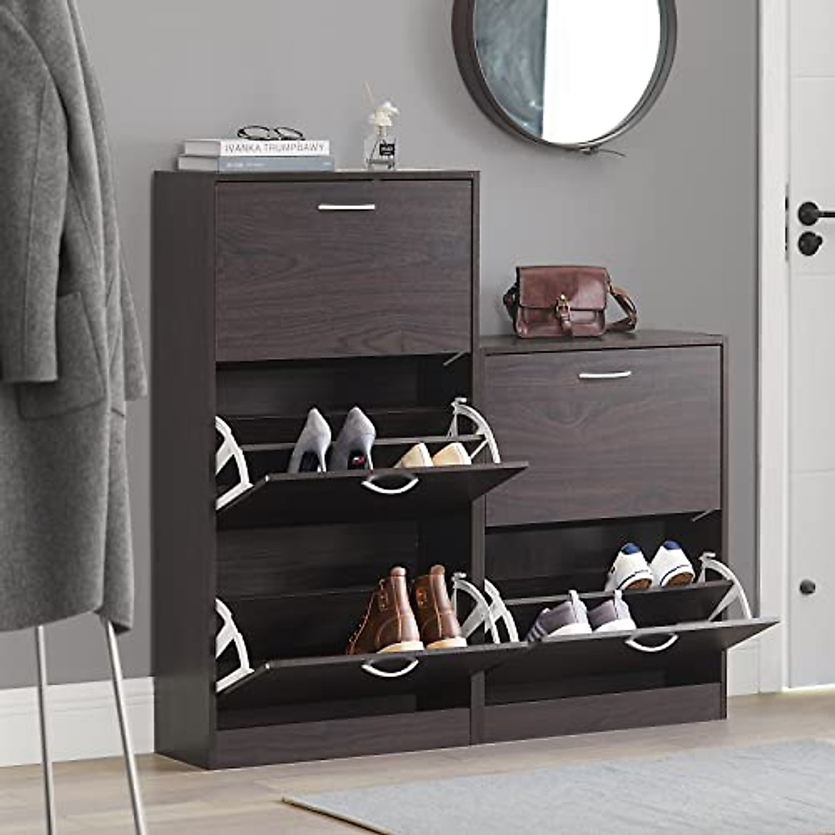 Haotian FSR110-BR, Brown Shoe Cabinet with 3 Flip Drawers, Freestanding Shoe Rack, Shoe Storage Cupboard Organizer Unit