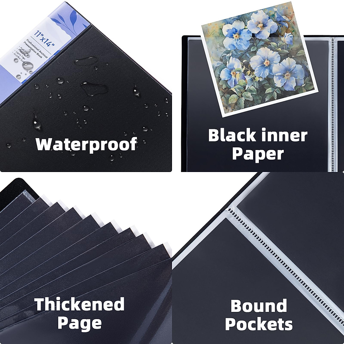 JJRING 11x14 Art Portfolio Folder with Plastic Sleeves, 24-Pocket Portfolio Binder Displaying 48 Pages, Presentation Book with Black Inner Paper for Artwork Storage, Black