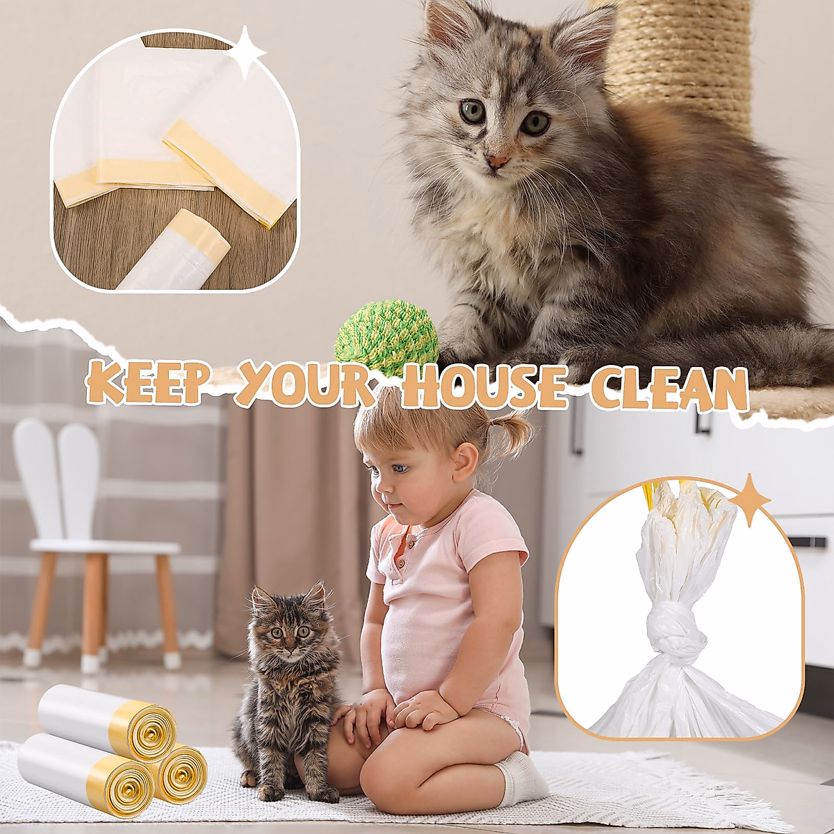 Paterr Cat Litter Box Liners Bags with Drawstring Waste Drawer Liners Cat Litter Bags 9-11 Gallons Replacement Bags for Kitten Pan Tray Waste, 27" x 17"(60 Pcs)