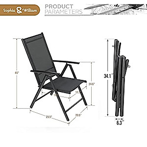 Sophia & William Patio Foldable Dining Chairs Set of 2, Outdoor Folding Sling Chairs 7 Levels Adjustable, High Back Portable Chairs for Porch, Poolside, Patio, Garden, Balcony, Backyard, Black