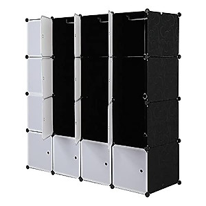 Kopokd Maximize Home Organization with Stackable Modular Shelving Closet Organizer - Plastic Storage Cubes with Hanging Rod and Wardrobe Cabinet Plus White Doors and Black Panels