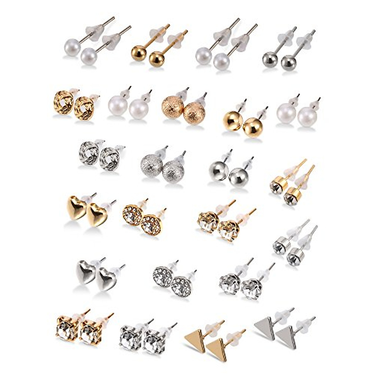 24 Pairs Stud Earrings Crystal Pearl Earring Set Ear Stud Jewelry for Women Men, Silver and Gold