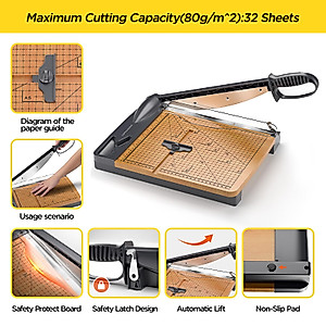 12'' Wood Guillotine Paper Cutter, Heavy Duty Wood Base Paper Trimmer with 32 Sheets Capacity Paper Cutting Board for Classroom, Crafting, Cardstock, Art Projects