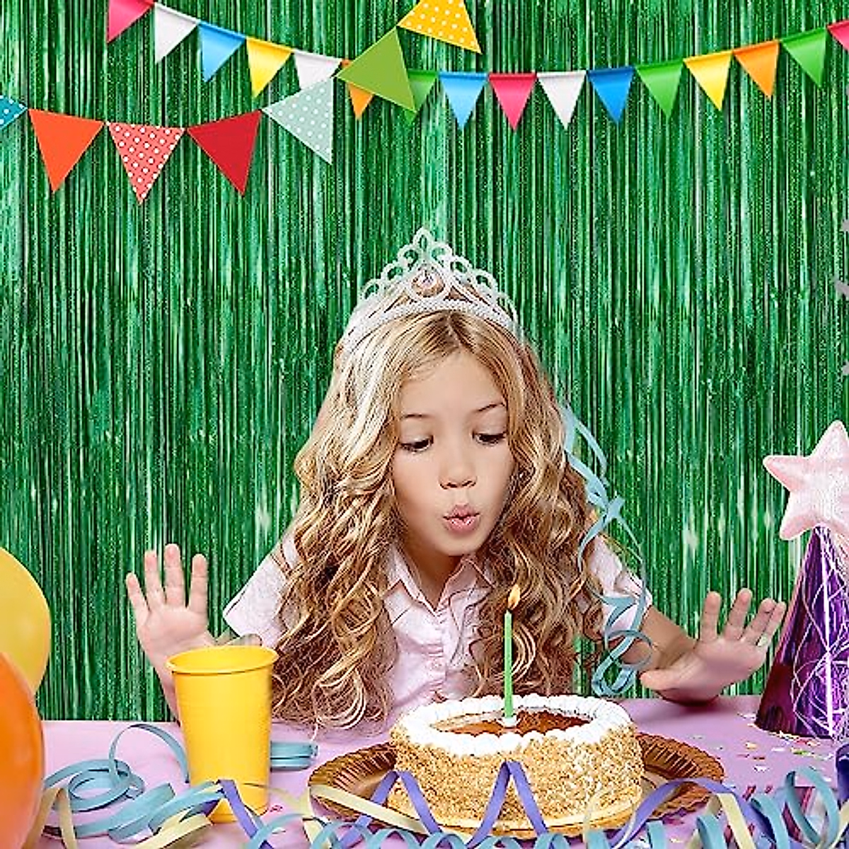 Green Party Streamers 2Pack Foil Fringe Curtains 3.3 x 8.3ft Door Streamers Metallic Tinsel Curtain New Year Party Decors Glitter Streamers Decors Photo Booth Tinsel Streamers Birthday Party Decors