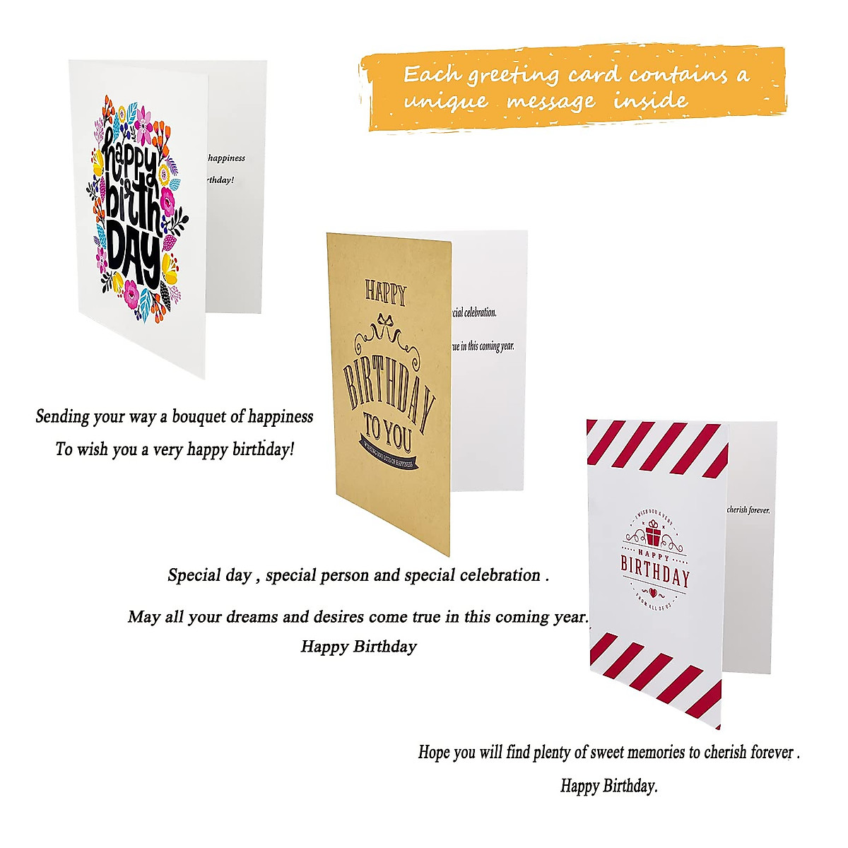 60 Unique Birthday Cards,Birthday Cards Bulk With Message Inside,5 x 7 inches Happy Birthday Cards Assortment,Assorted Birthday Cards With Envelopes and Stickers in Birthday Cards Bulk Boxed Set.