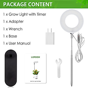 LORDEM Grow Light, 48 LEDs Plant Light for Indoor Plants, Full Spectrum Desk Grow Lamp with Automatic Timer for 4H/8H/12H, 4 Dimmable Levels, Height Adjustable 7.8"-26", 1 Pack