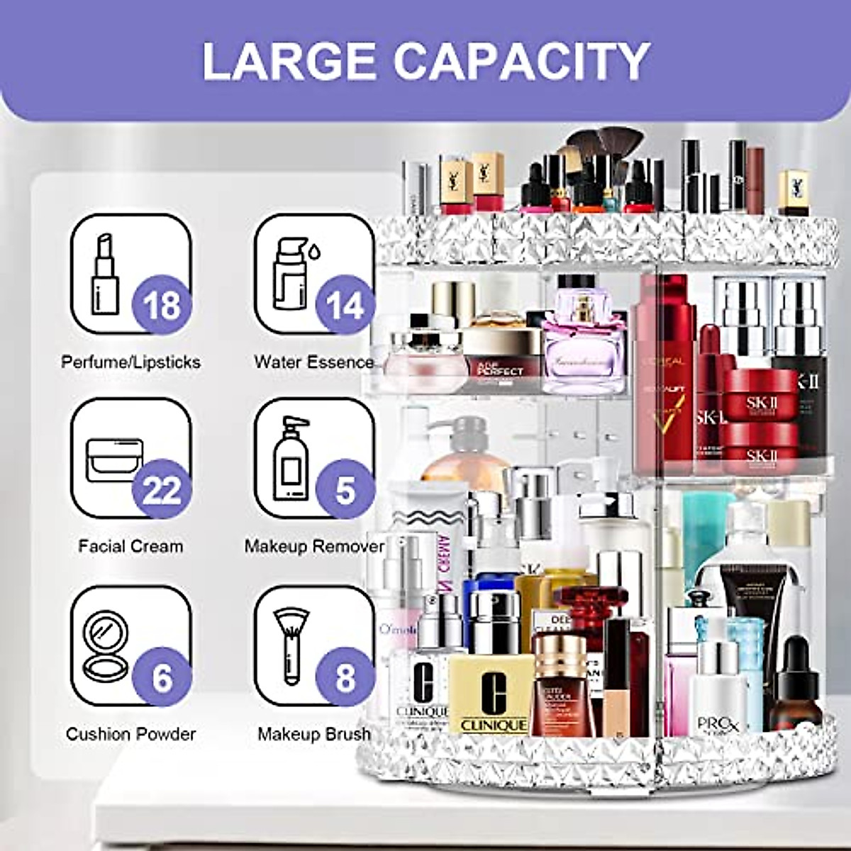 360 Rotating Makeup Organizer Large Capacity Cosmetics Organizer Beauty Organizer Clear Cosmetic Storage Display Case with 8 Layers and Detachable Shelves for Bedroom Dresser