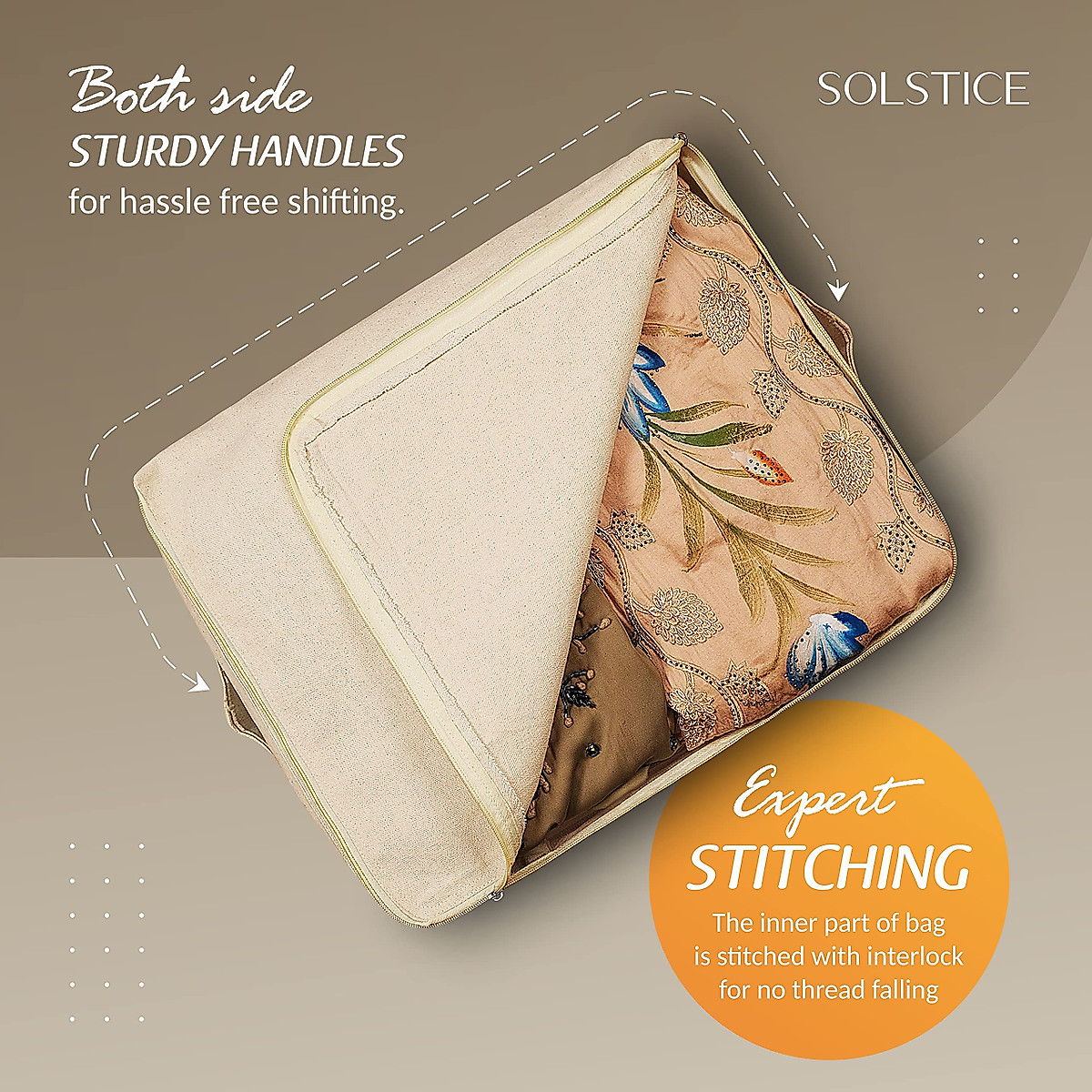 SOLSTICE Cotton Canvas Clothes Storage Bags, Saree Covers with Zip for Storage Specially Design for Woman Dresses, Sarees, Lehengas for Wardrobe Organizer (17 x 14 x 7 Inch, off white)