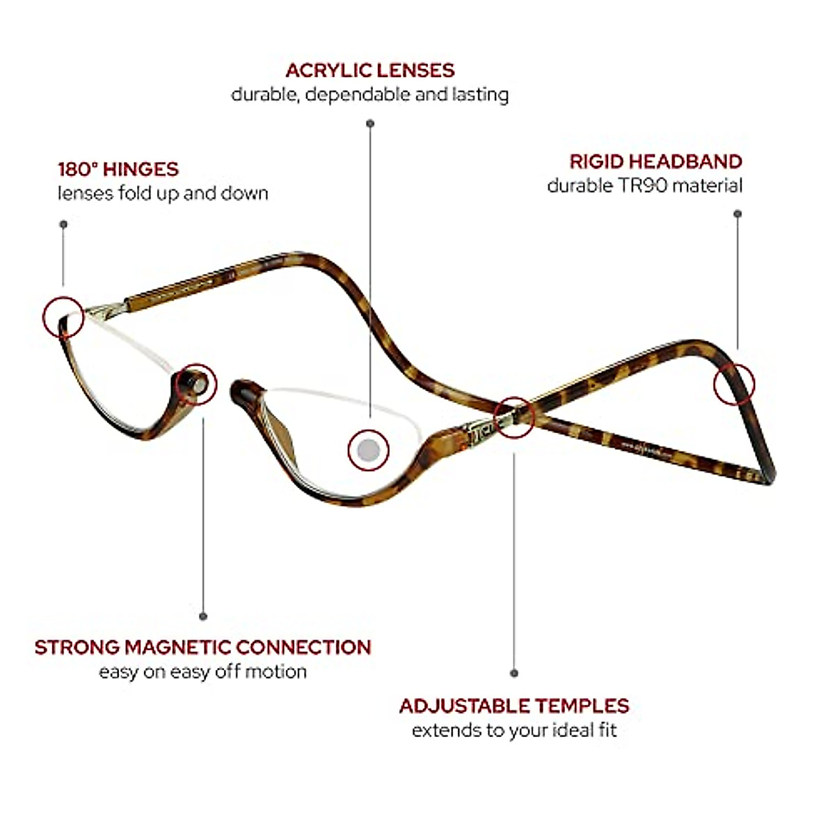 Clic Magnetic Reading Glasses, Computer Readers, Adjustable Temples, Sonoma, (L-XL, Tortoise, 1.25 Magnification)