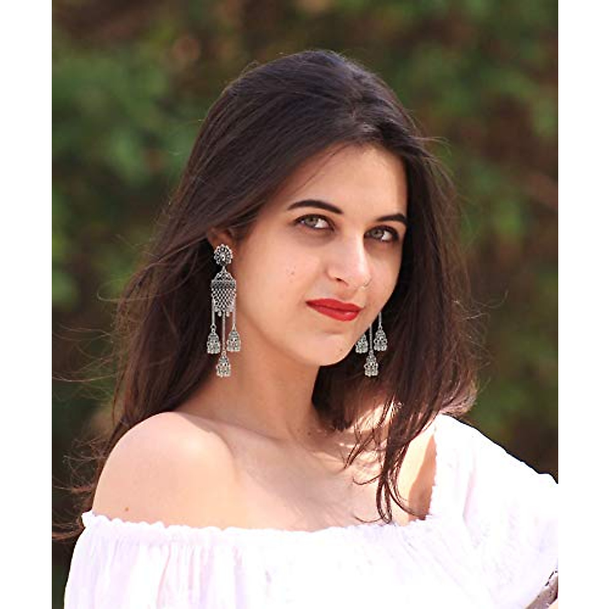 6 Pairs/Set Indian Jhumka Jhumki Ethnic Dangle Earring Sets for Women Vintage Silver Long Tassel Bell Drop Earrings Boho Jewelry (ES-8794-6)