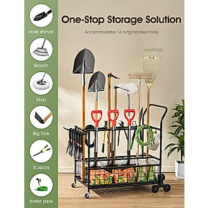 Heavy-Duty Garden Tool Organizer for Garage with 2 Stair-Climbing Wheels, Lawn & Yard Tool Storage Rack, Garage Tool Cart with Lockable Wheels, Outdoor Garden Tool Storage for Sheds