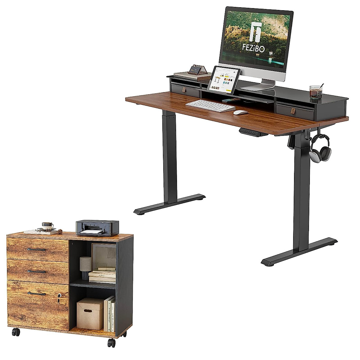 FEZIBO Electric Standing Desk with Glass Top Monitor Stand,48 x 26 Inch with File Cabinet