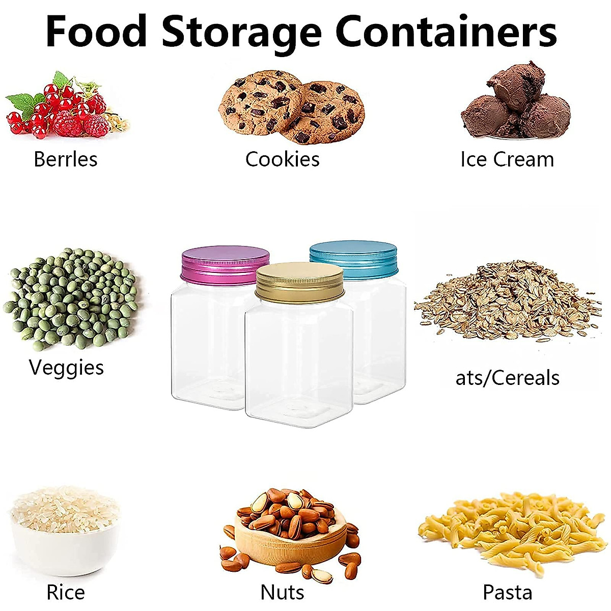 12oz Clear Plastic Jars with Colorful Metal Lid - BPA-Free Refillable Clear Square Cosmetic Container for Storage (6 Pack)